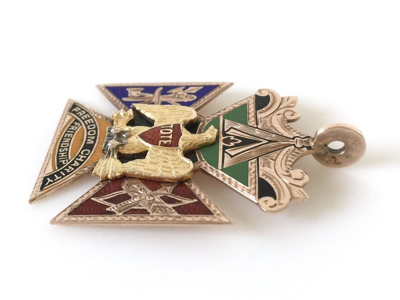 Victorian Fraternal Rose and Yellow 10K Gold Enamel Watch Chain Fob ...