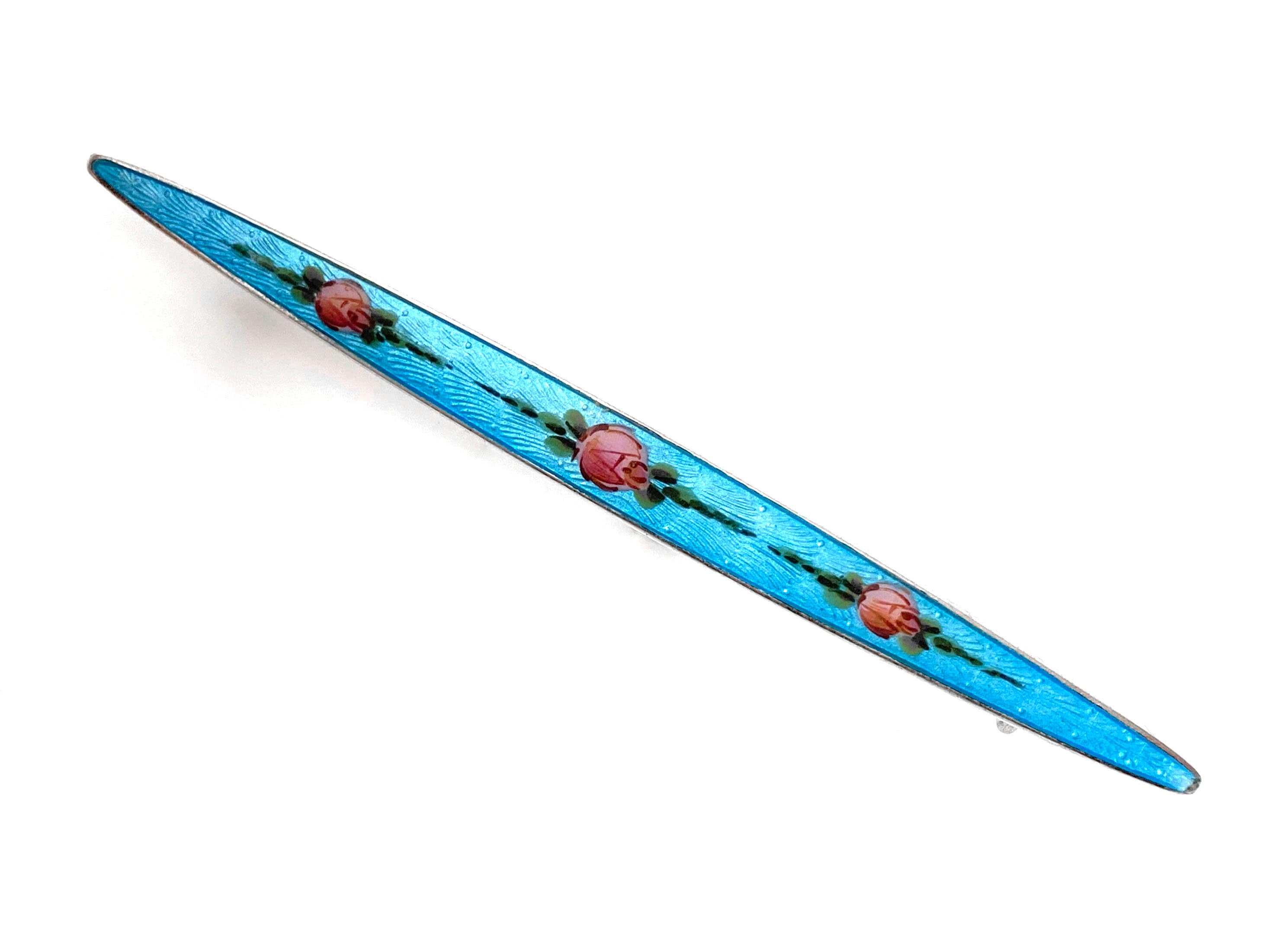 Antique 900 Silver Blue Guilloche Enamel Bar Pin With Handpainted Roses ...