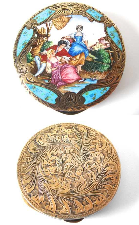 Italian 800 Scenic Enamel Vermeil Silver Compact - Gem