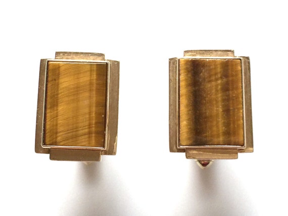 Deco 14CT Gold Rectangle Tiger Eye Cuff Links - Gem