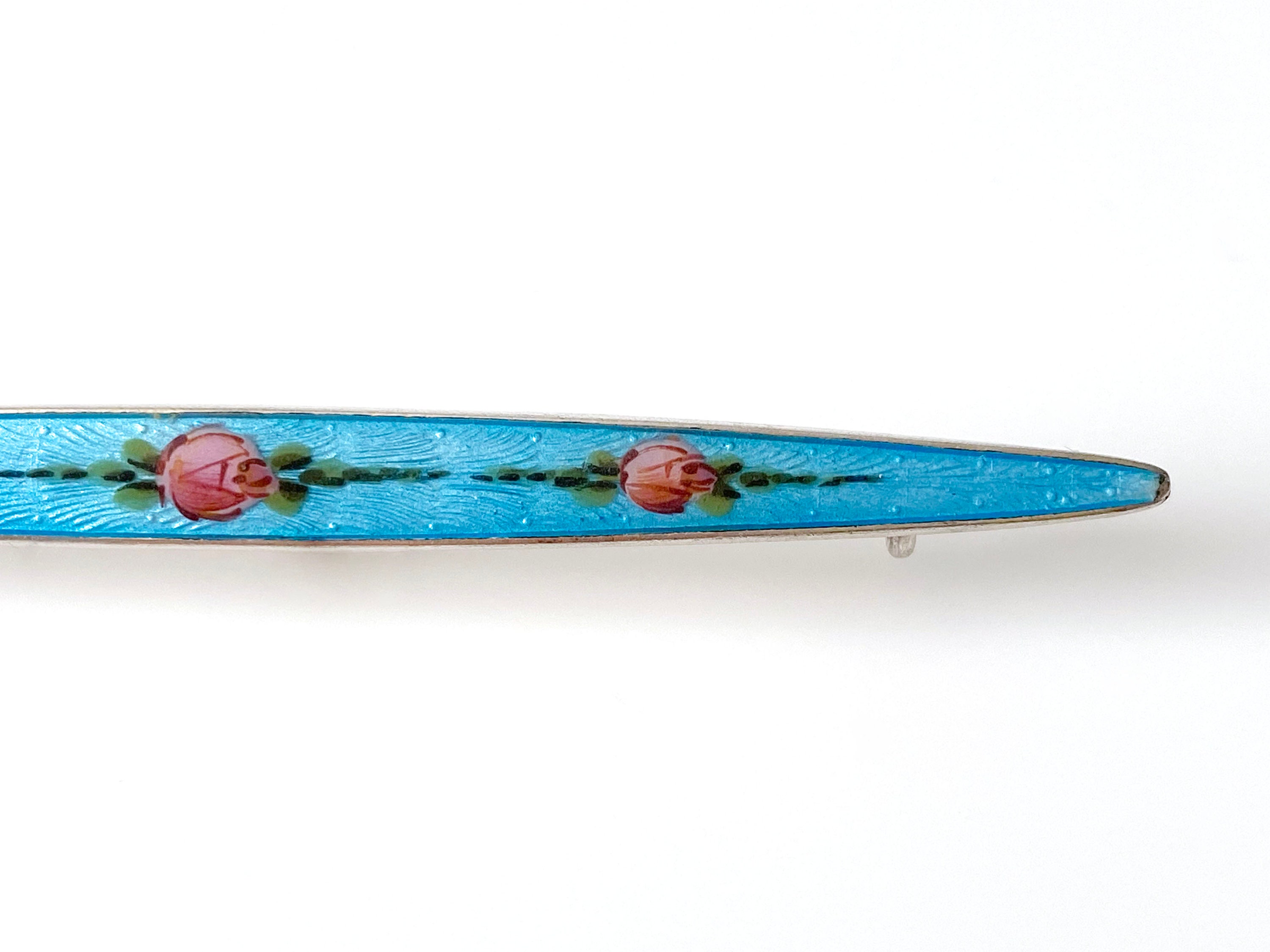 Antique 900 Silver Blue Guilloche Enamel Bar Pin With Handpainted Roses ...