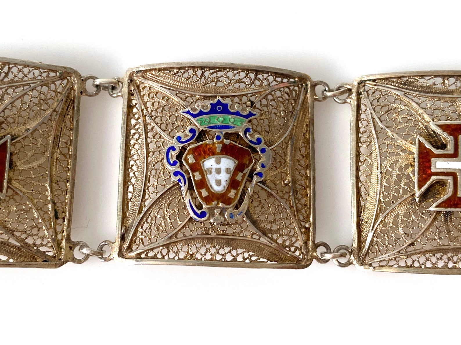 Heraldic Continental Vermeil Silver Enamel Filigree Linked Bracelet ...