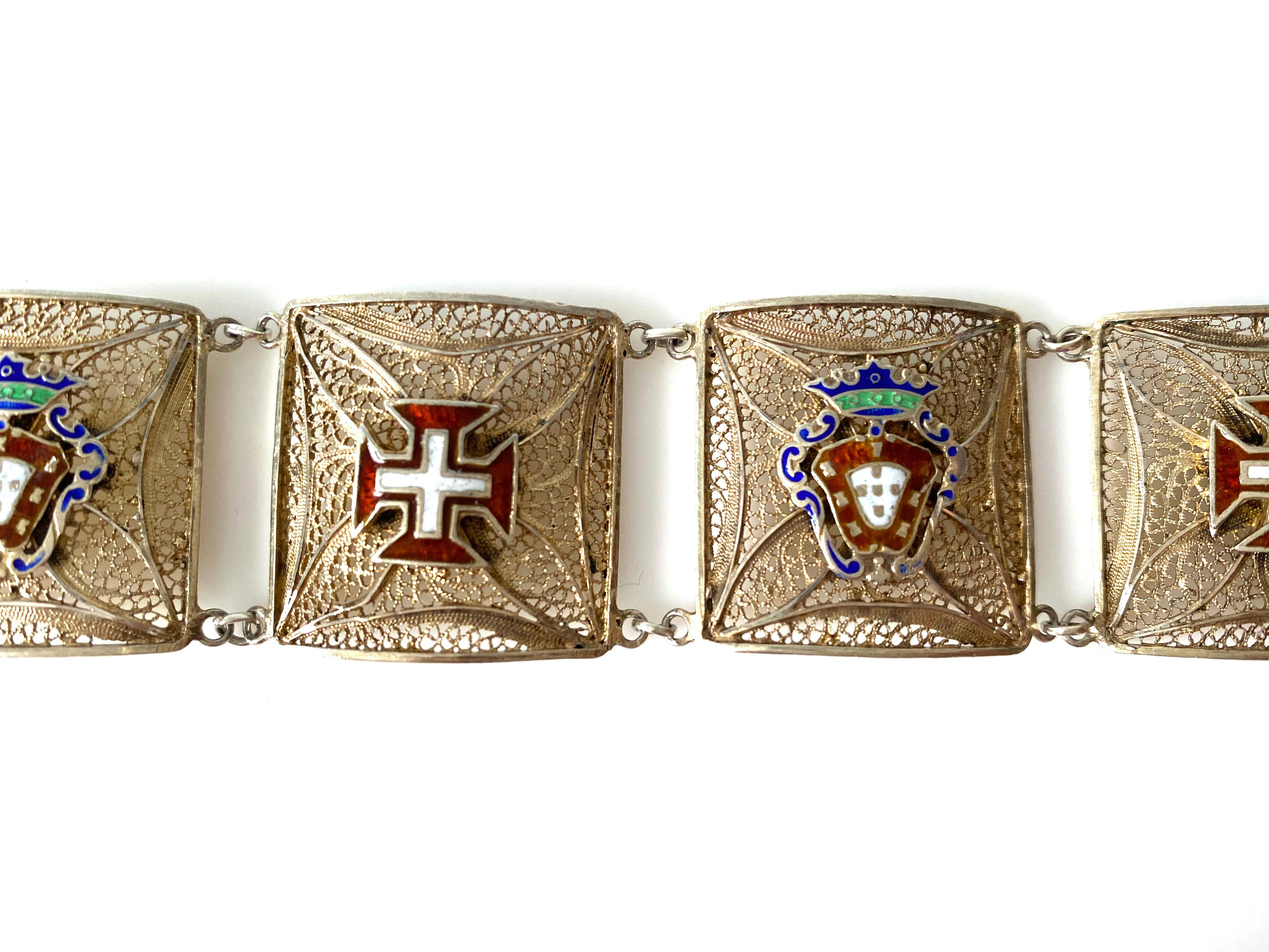 Heraldic Continental Vermeil Silver Enamel Filigree Linked Bracelet ...