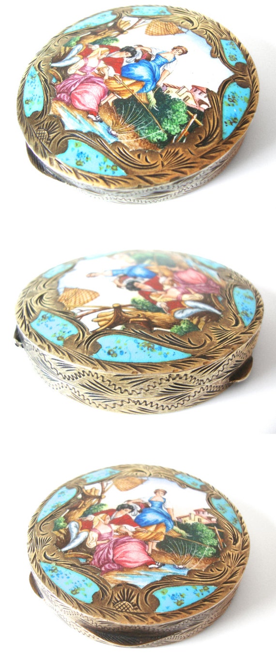 Italian 800 Scenic Enamel Vermeil Silver Compact - Gem