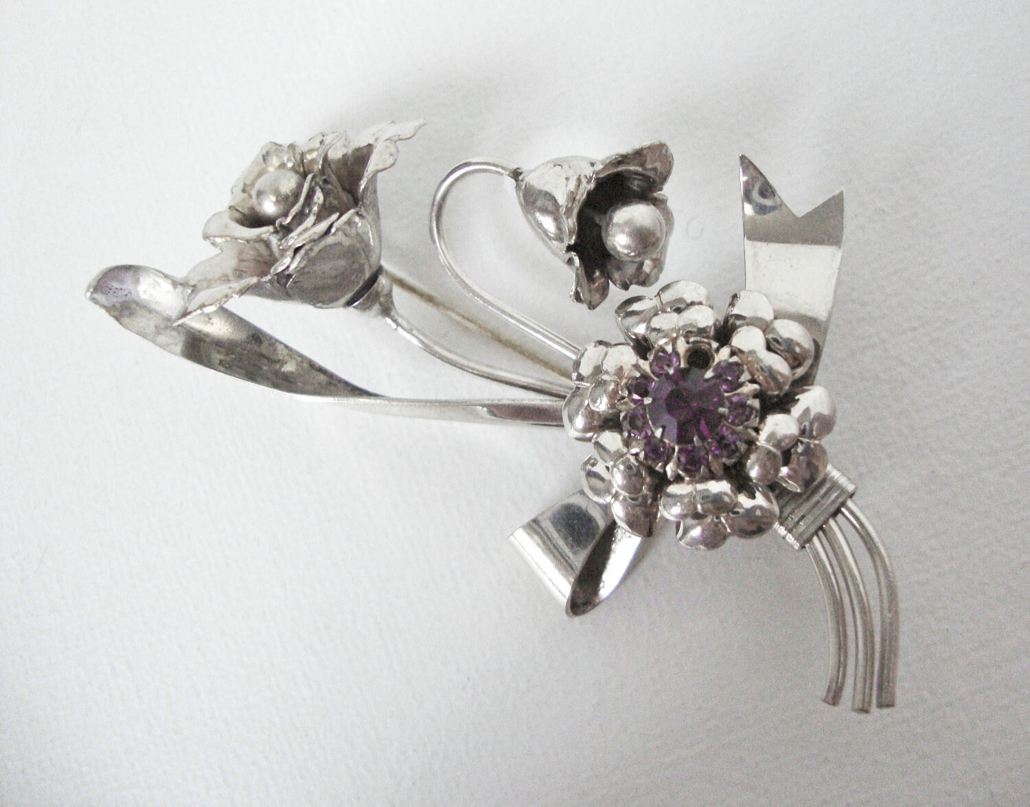Louis Stern Co Sterling Silver Floral Spray Brooch With Purple Stones ...