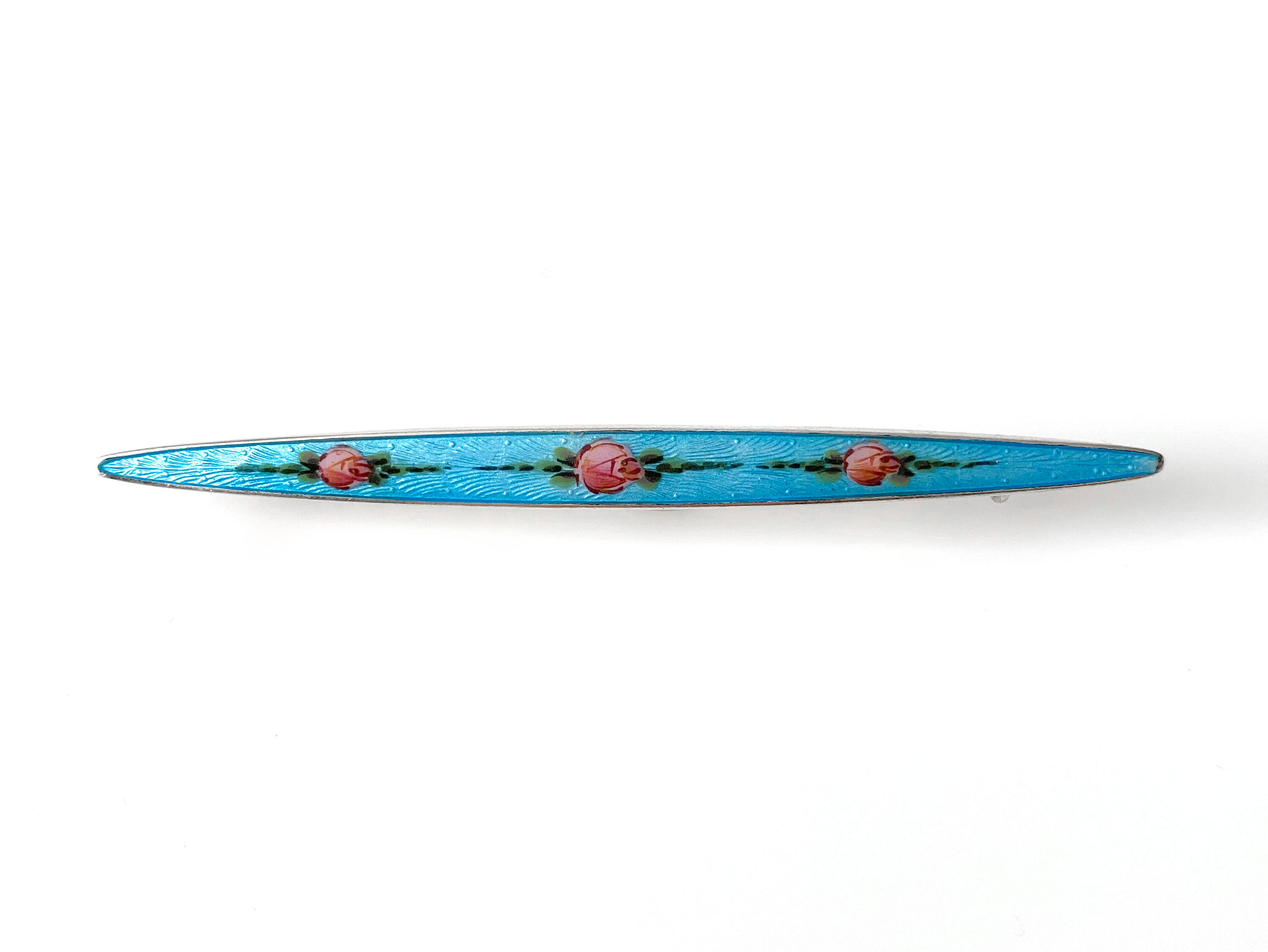 Antique 900 Silver Blue Guilloche Enamel Bar Pin With Handpainted Roses ...