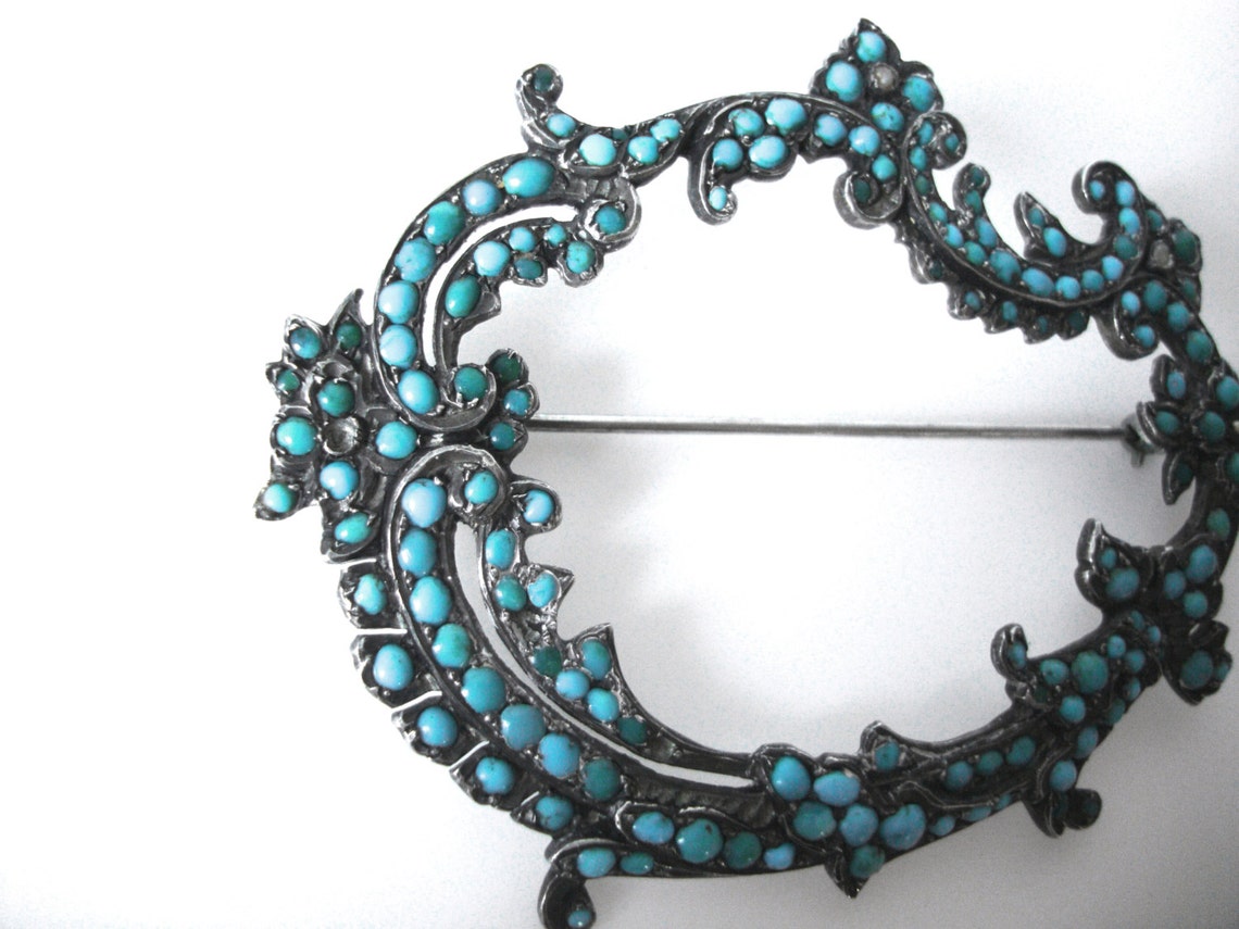 Victorian Sterling Silver Brooch Set With Turquoise and Pearls - Etsy