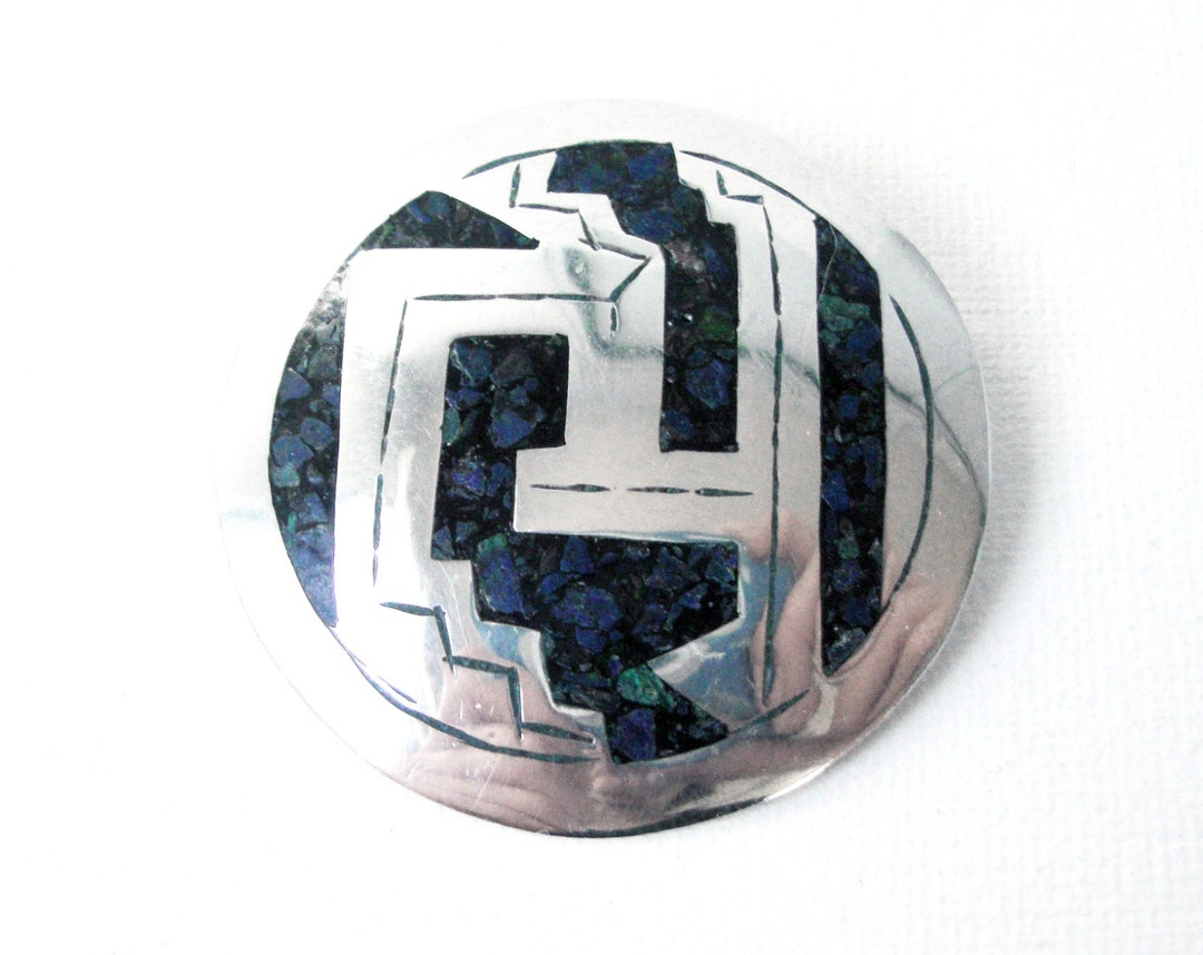 Vintage Aztec Sterling Silver Mosaic Circular Brooch Pendant Made in ...