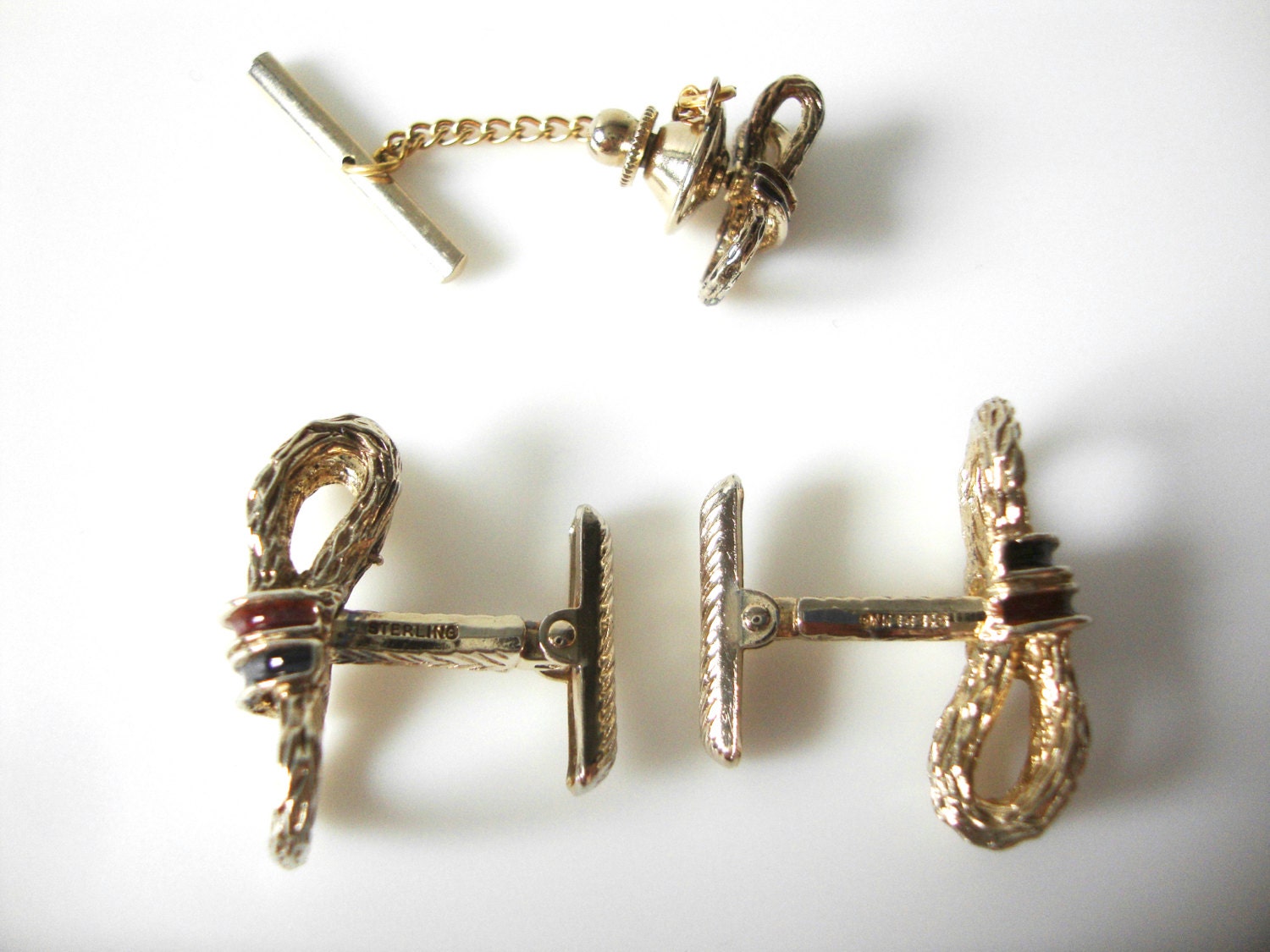 Vermeil Black and Red Enamel Sterling Silver Knot Cufflinks and Tie Pin ...