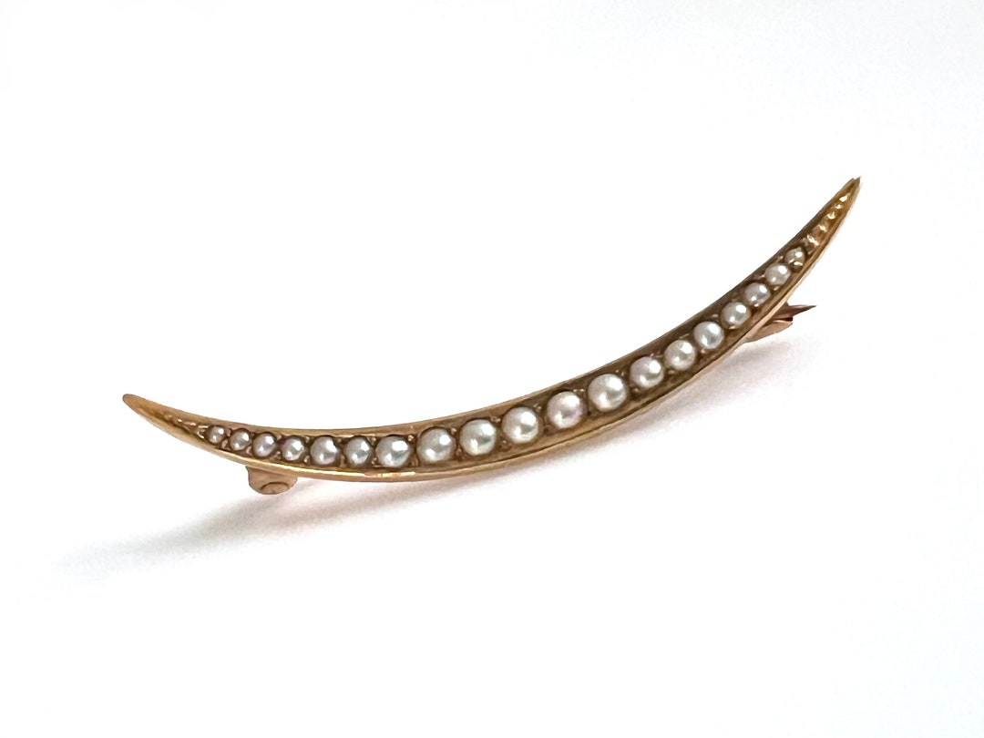 Antique 14K Gold Crescent Moon Brooch Set With Seed Pearls - Etsy