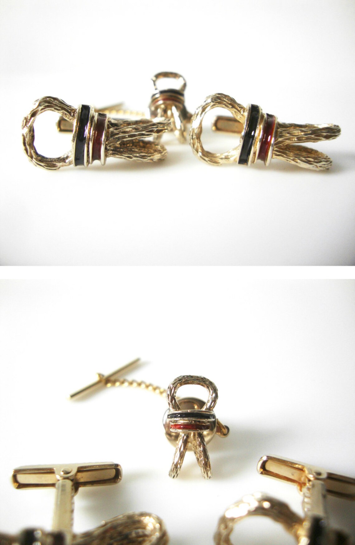 Vermeil Black and Red Enamel Sterling Silver Knot Cufflinks and Tie Pin ...