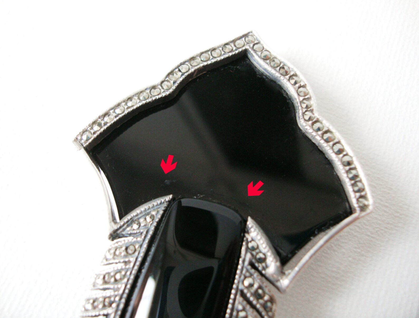 Deco Sterling Silver Marcasite Dagger Brooch With Jet Black Glass Stone ...