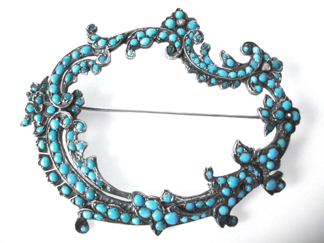 Victorian Sterling Silver Brooch Set With Turquoise and Pearls - Etsy