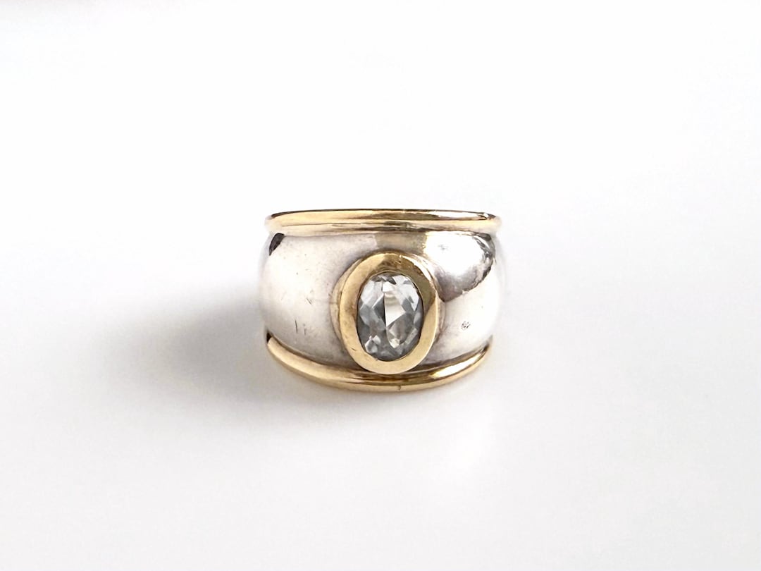 14K Gold and Sterling Silver Ring Set With Faceted Stone Size 7 1/4 - Etsy