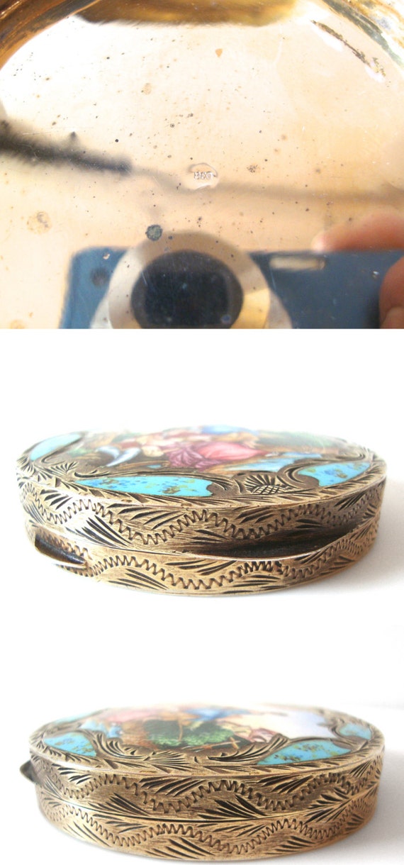 Italian 800 Scenic Enamel Vermeil Silver Compact - Gem