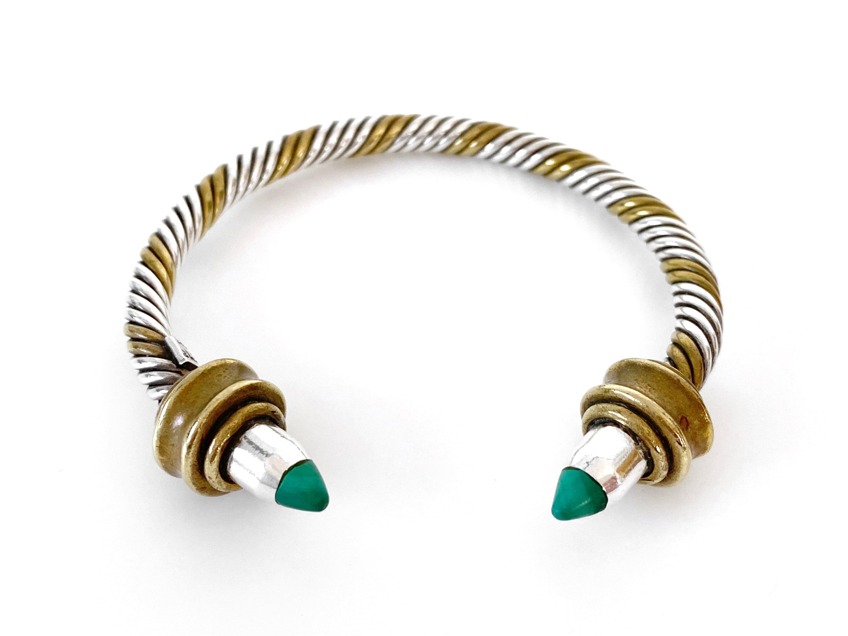 Sterling Silver and Brass Open Front Bracelet Set With Malachite Made ...