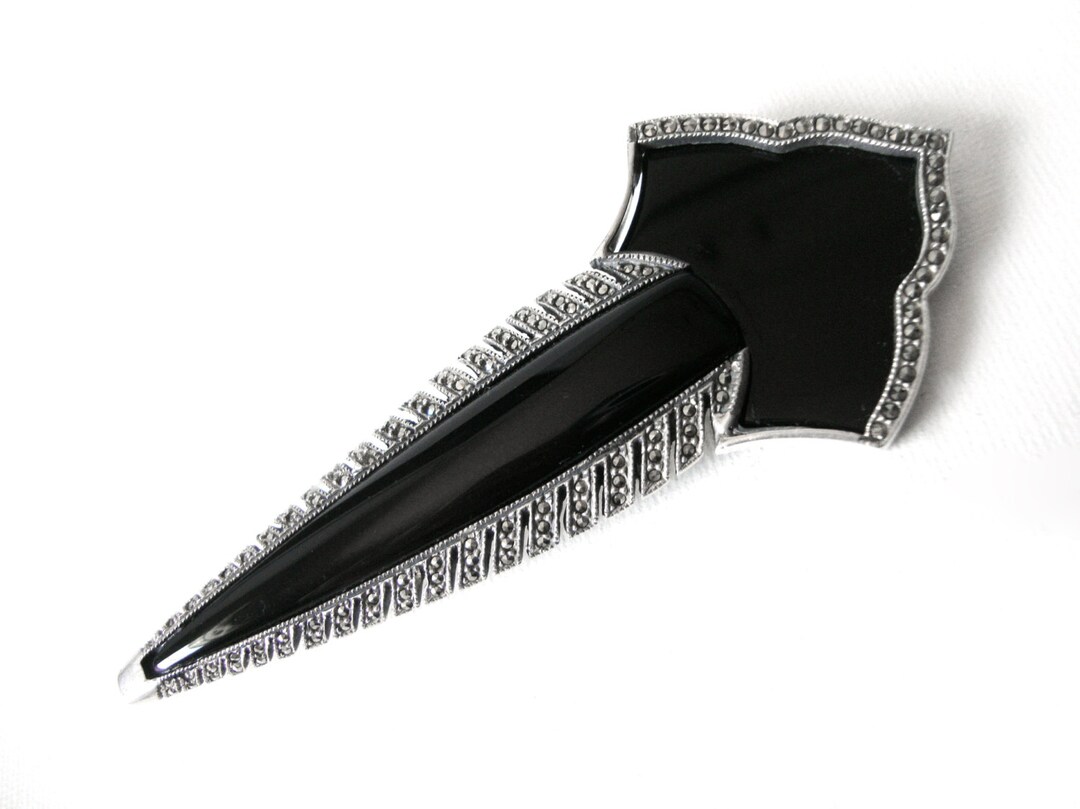 Deco Sterling Silver Marcasite Dagger Brooch With Jet Black Glass Stone ...