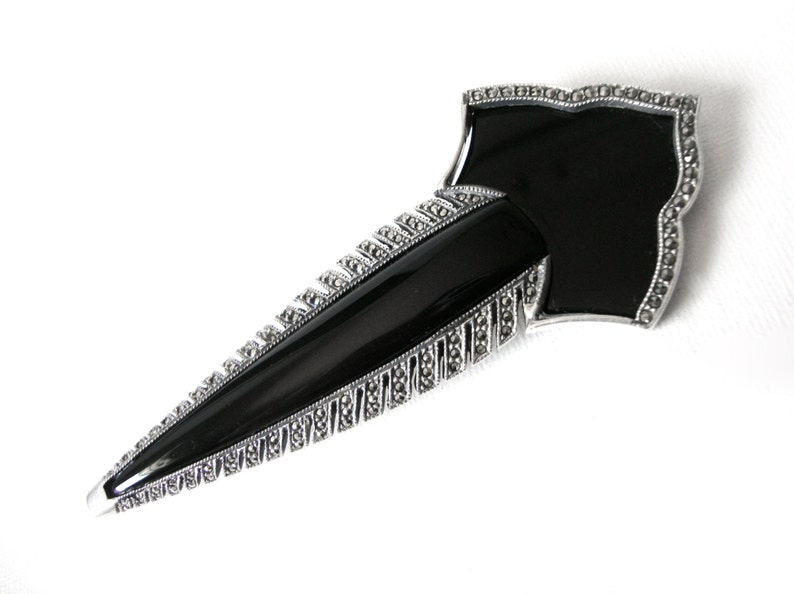 Deco Sterling Silver Marcasite Dagger Brooch With Jet Black - Etsy