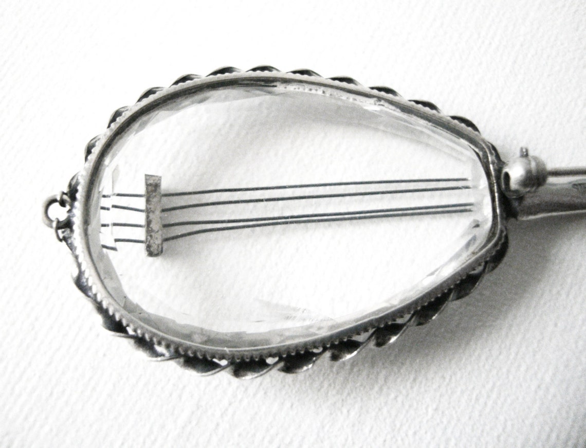 Vintage Sterling Silver Mandolin Brooch With Beveled Glass Center - Etsy