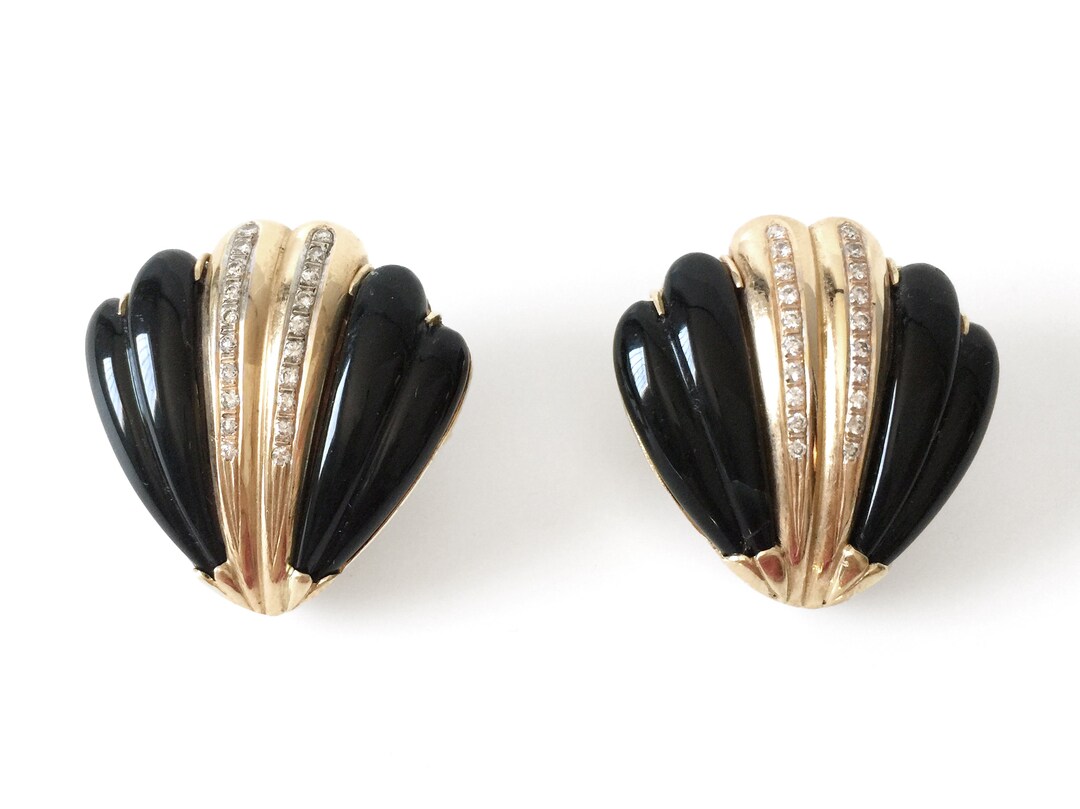 Large 14K Gold Diamond Onyx Scallop Shell Shaped Pierced Earrings - Etsy