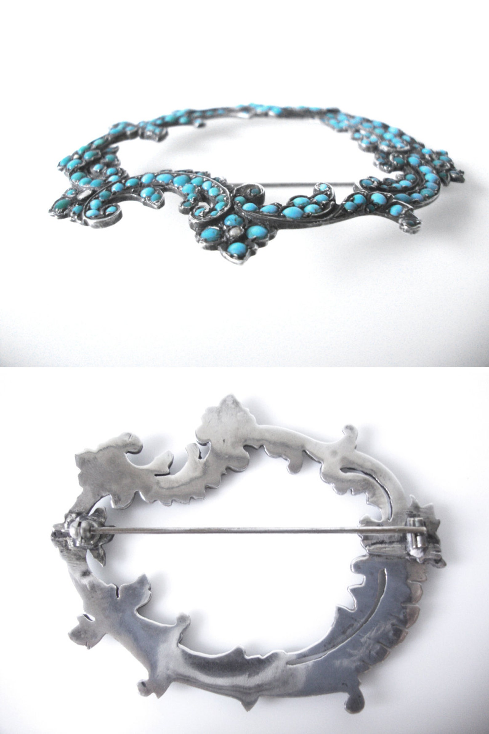 Victorian Sterling Silver Brooch Set With Turquoise and Pearls - Etsy