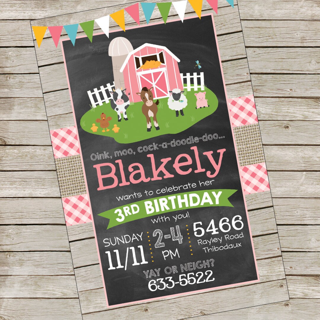 Pink Farm Party Invitation PIY File ~ Girly Farm Birthday Party Invite ...