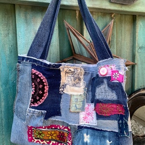 Ready to Ship Boho Denim Jean Tattered Frayed Fabric Purse Collage ...