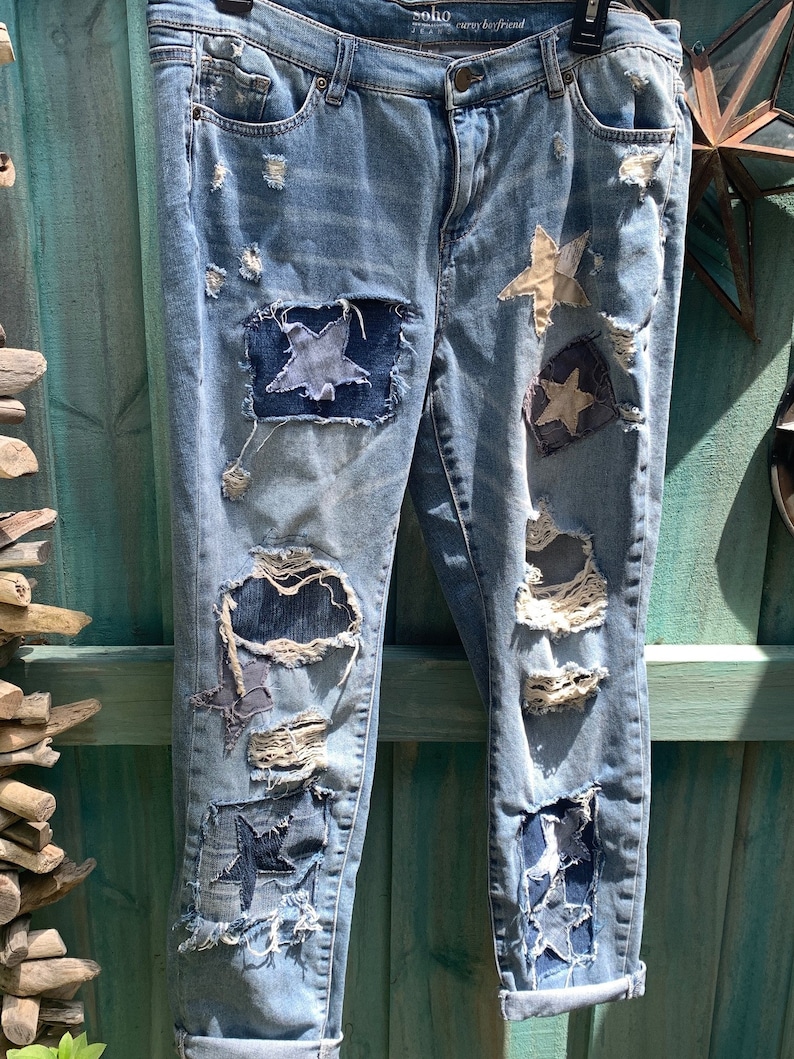 Custom Patchwork Star Jeans, Distressed Denim - Etsy