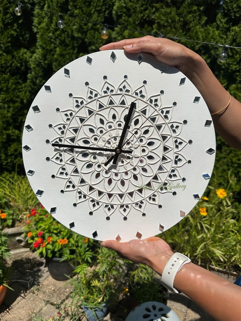 Lippan Art Wall Clock, Mud and Mosaic Mirror Wall Clock, White Wall ...