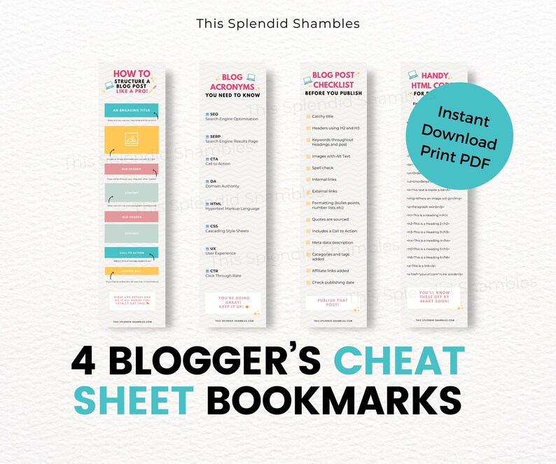 Printable Bookmarks for Bloggers - Cheat Sheet Bookmarks to Print - PDF ...