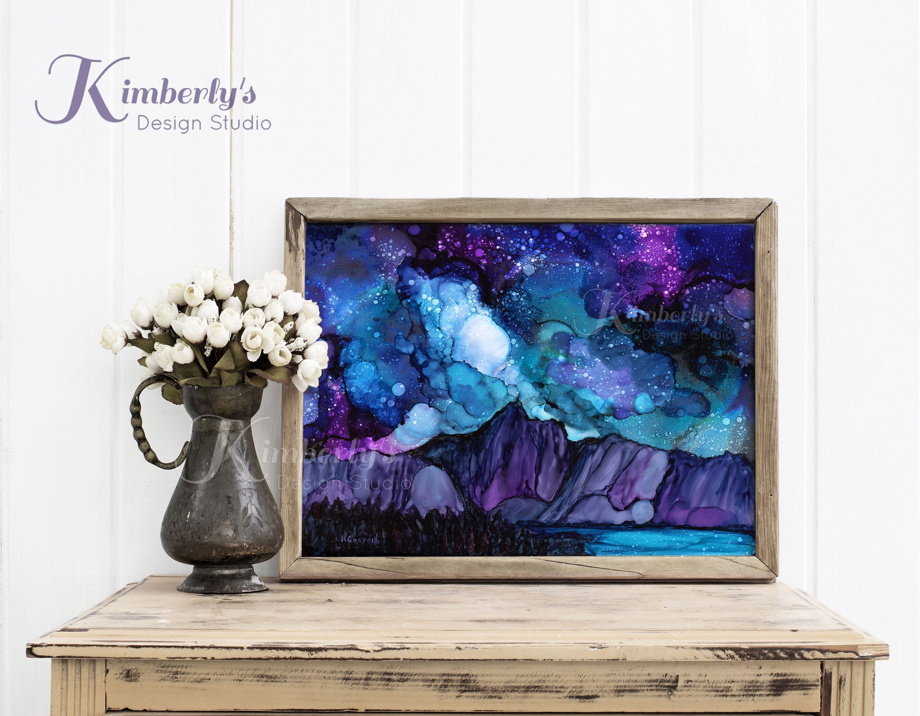 Starry Mountain Sky, Alcohol Ink, Giclée Fine Art Print, Mountains With ...