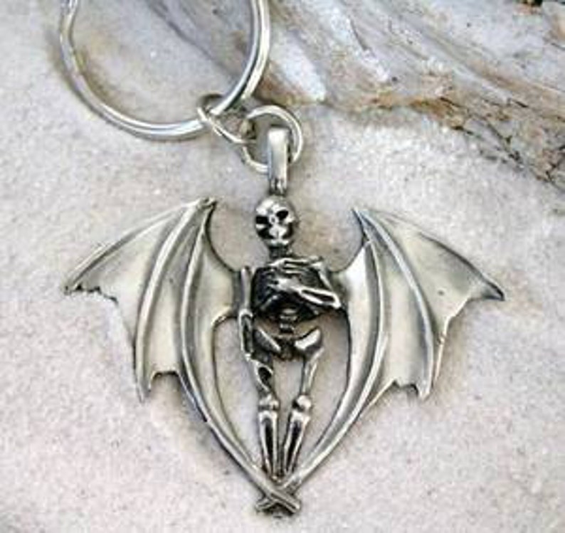 Pewter Skeleton With Bat Wings Gothic Halloween Keychain Key - Etsy