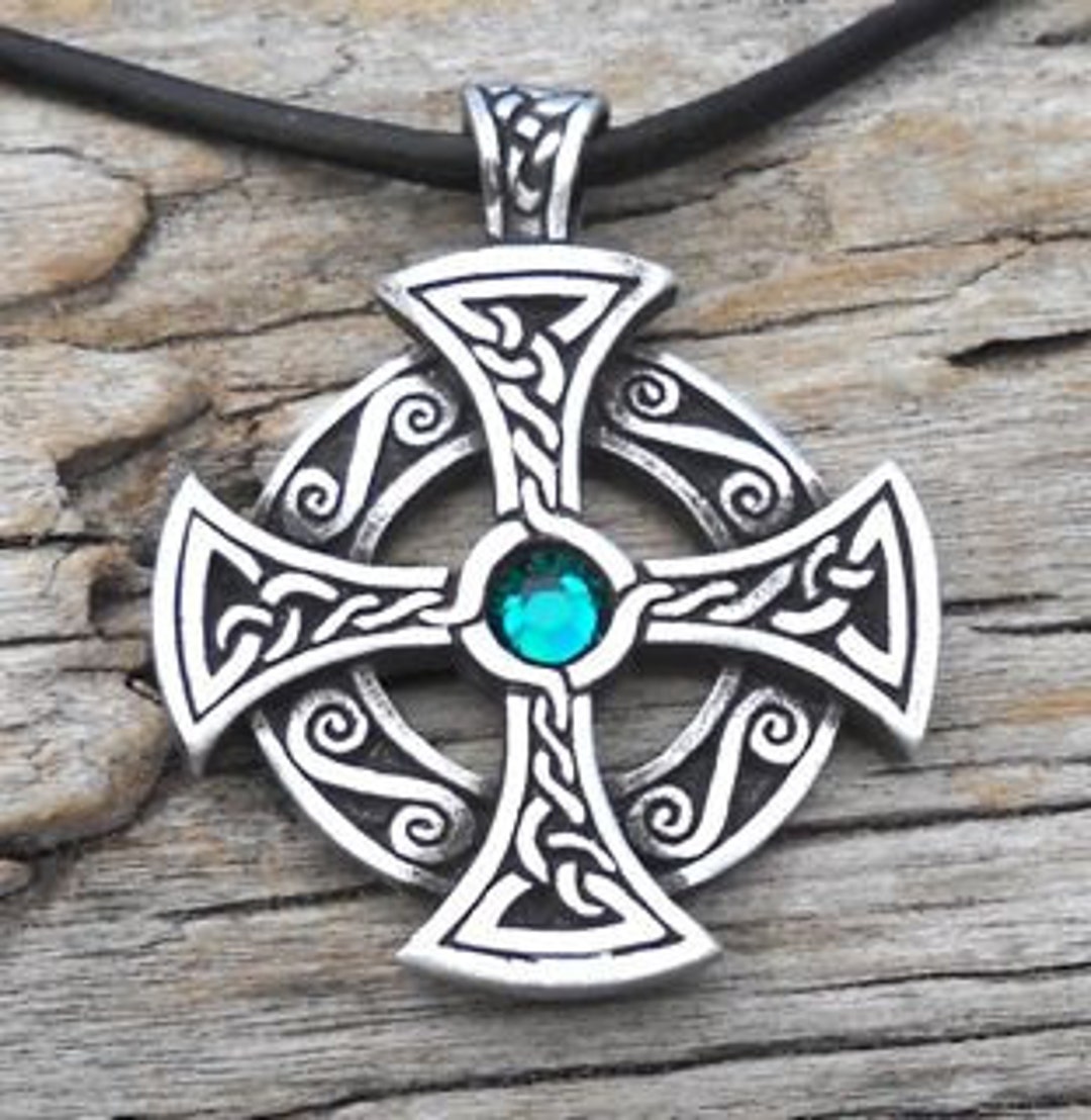 Pewter SOLAR CROSS Swarovski Crystal Celtic Druid Irish Emerald Green ...