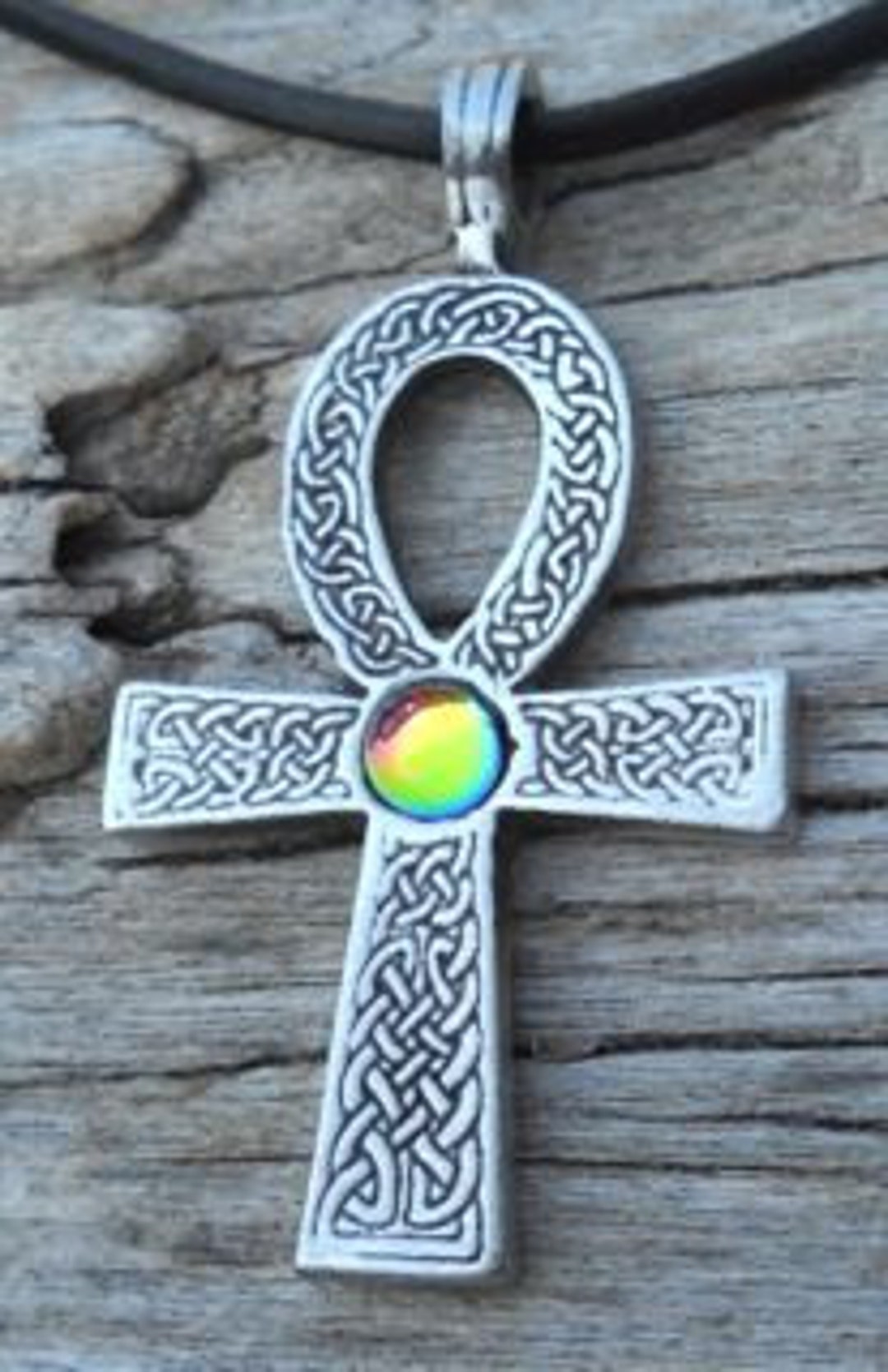 Pewter Ankh Egyptian Cross With Celtic Knots Pendant With Rainbow ...