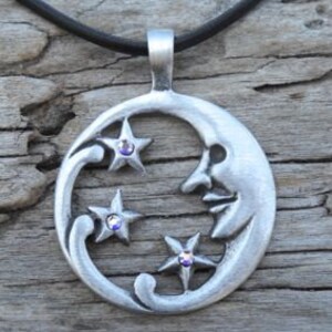 Pewter Moon Face and Stars Lunar Celestial Pagan Pendant With Swarovski ...