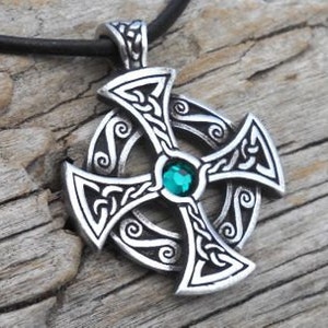 Pewter SOLAR CROSS Swarovski Crystal Celtic Druid Irish Emerald Green ...