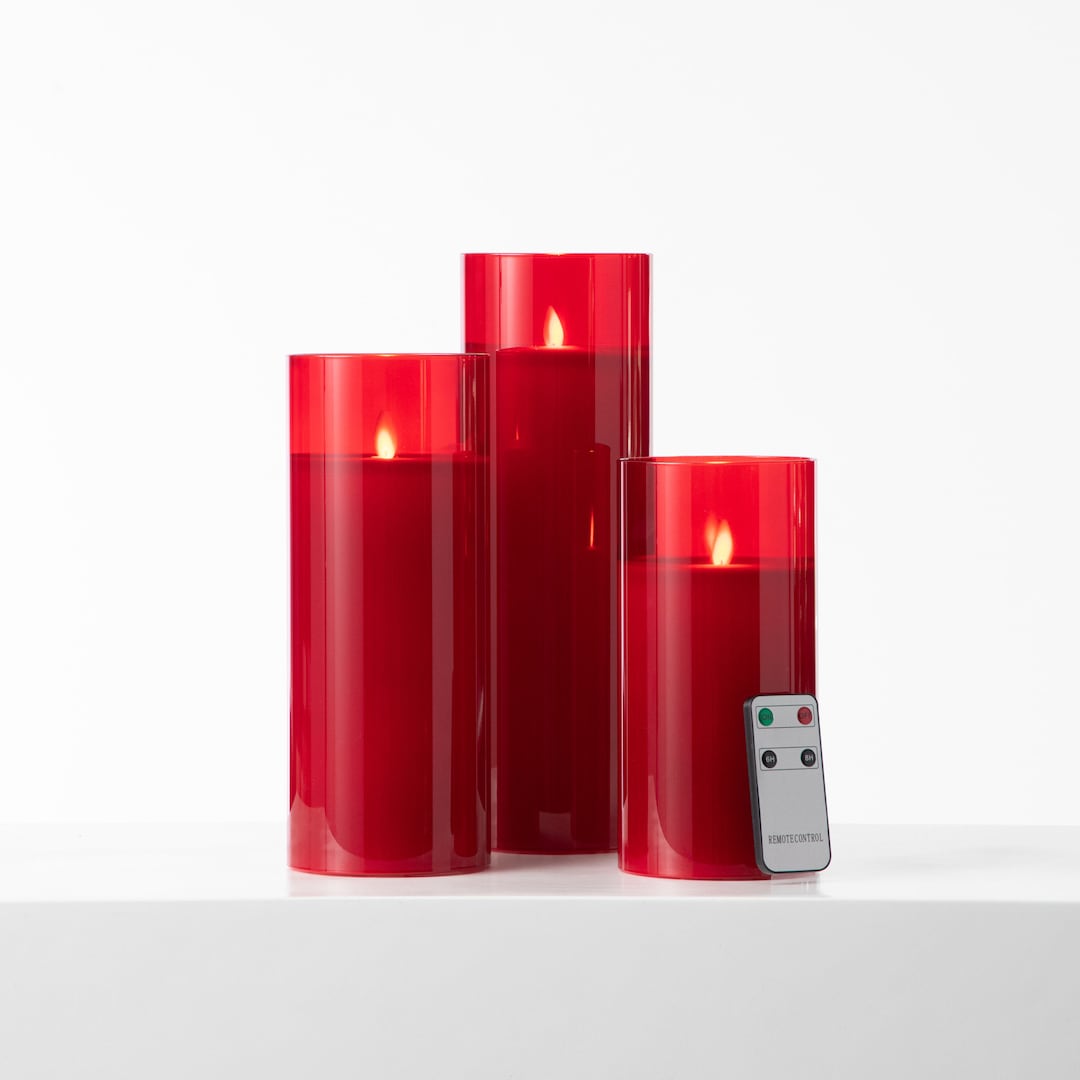 Large Moving Flameless LED Red Glass Pillar Candles With Remote- Set of ...