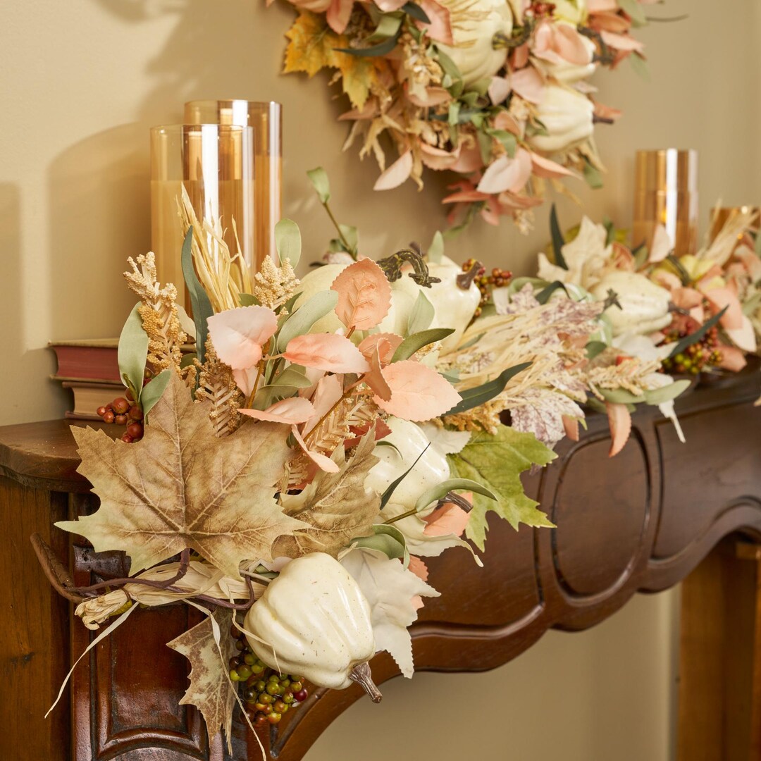 Blushing Autumn - Mixed Cream Pumpkin & Gourd Neutral Tone Maple Leaf ...