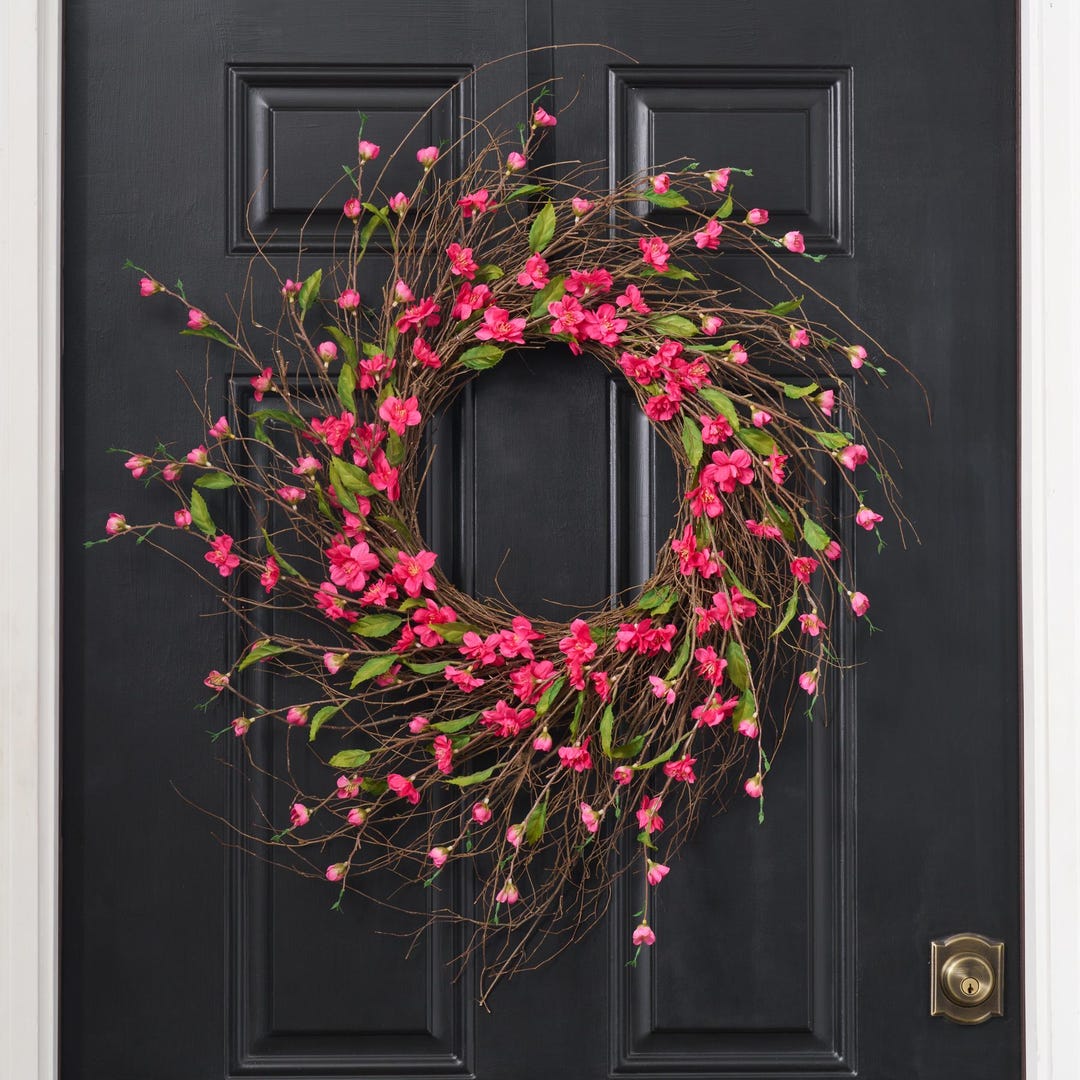 Dark Pink Cherry Blossom Wispy Birch Twig Front Door Spring Summer ...