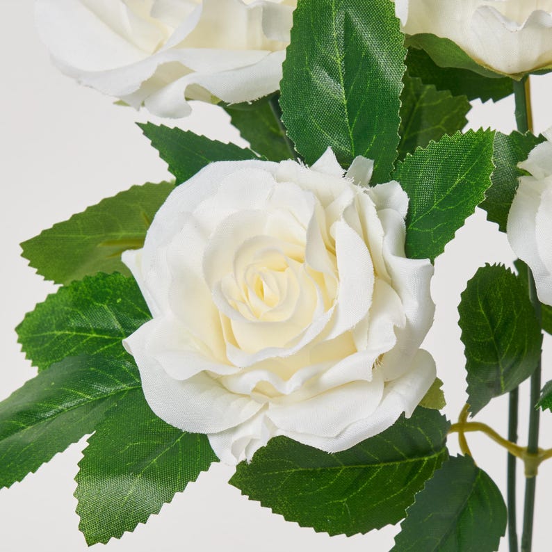 White Silk Rose Bush Stem Bouquet - 11