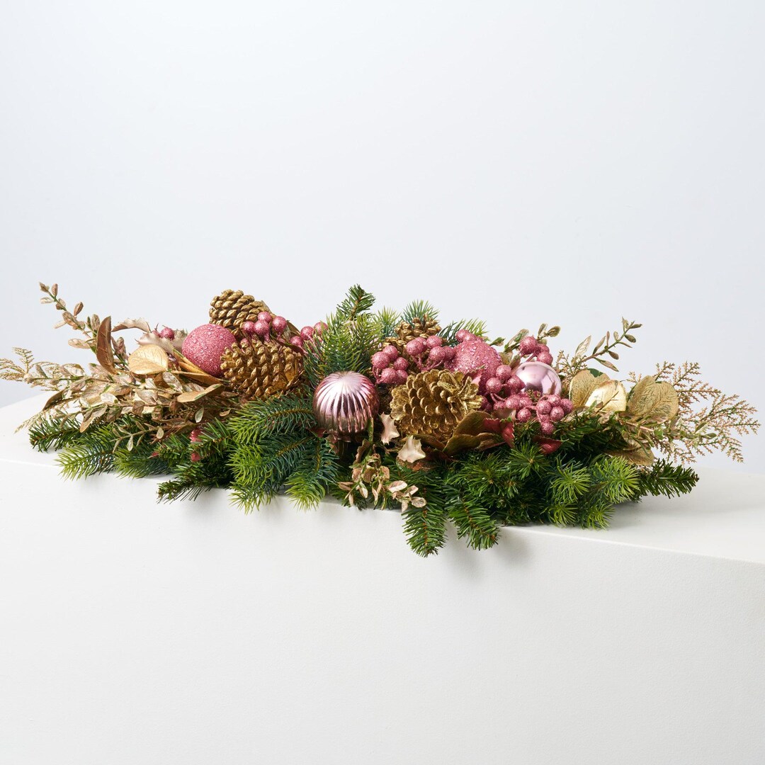 Mixed Pine & Pink Ornament Ball Christmas Centerpiece Arrangement ...