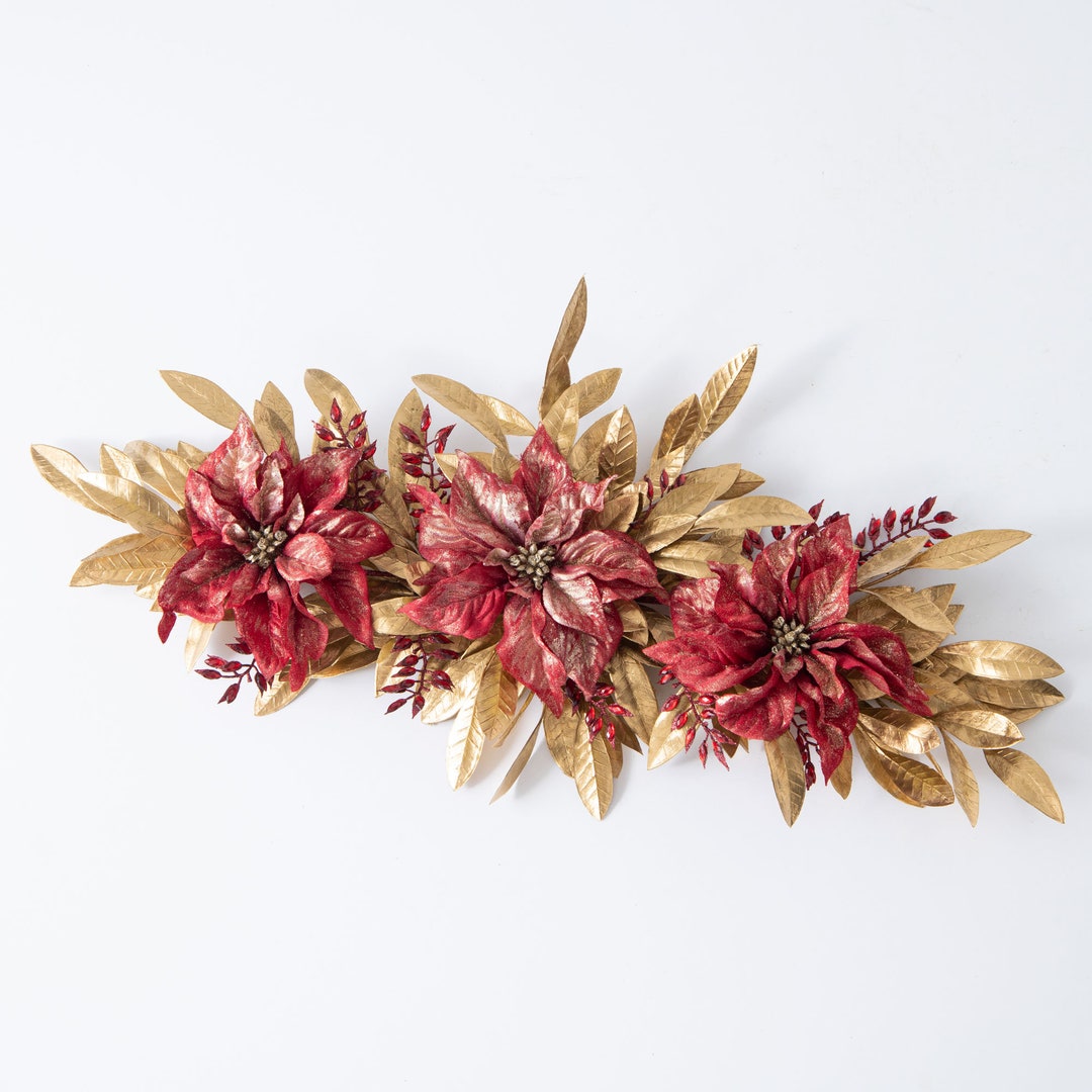 Aurelian Noel - Gold Bay Leaf Ruby Gemstone & Shimmer Poinsettia ...