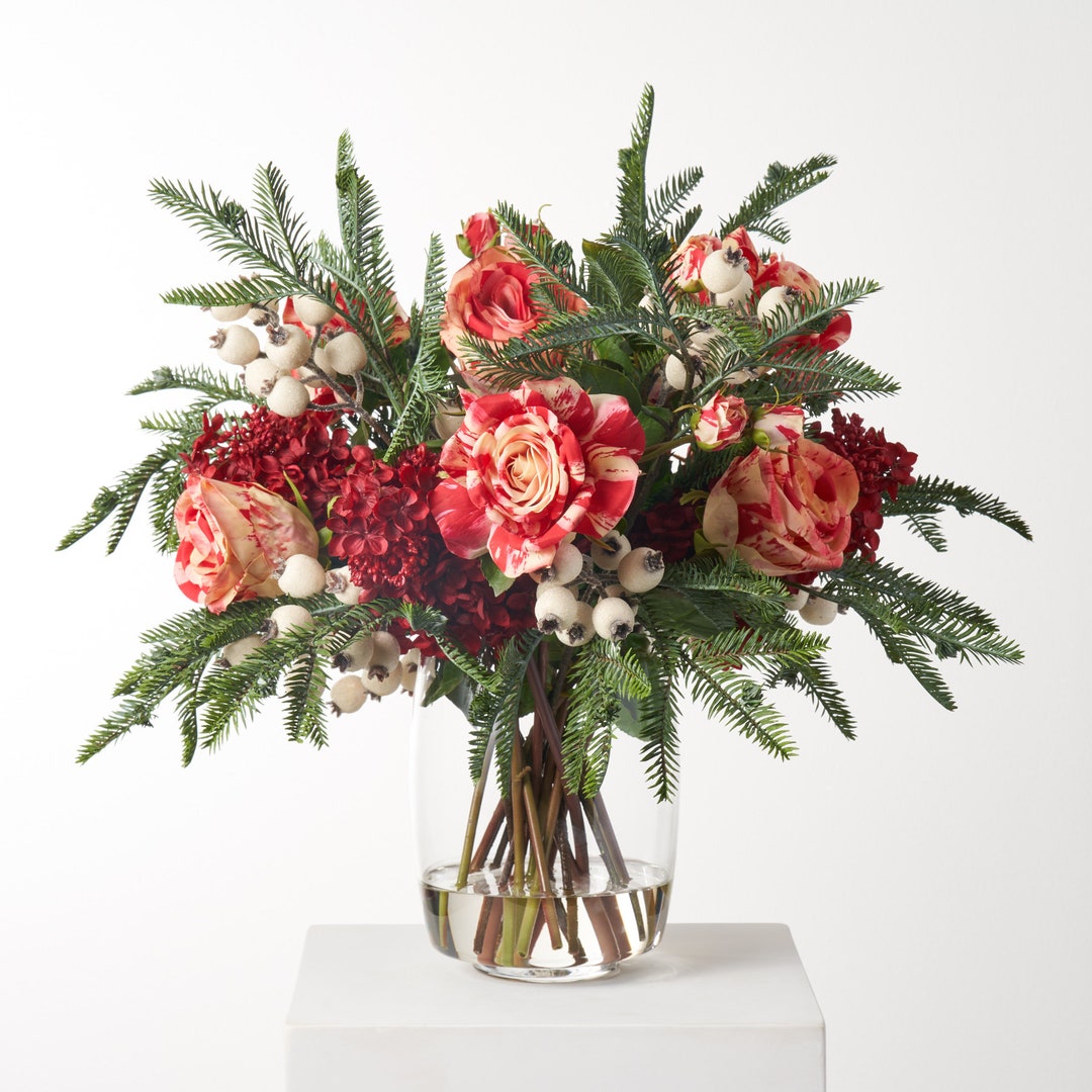 Peppermint Rose Melody Real Touch Rose Blooms, Red Hydrangea, Frosted ...
