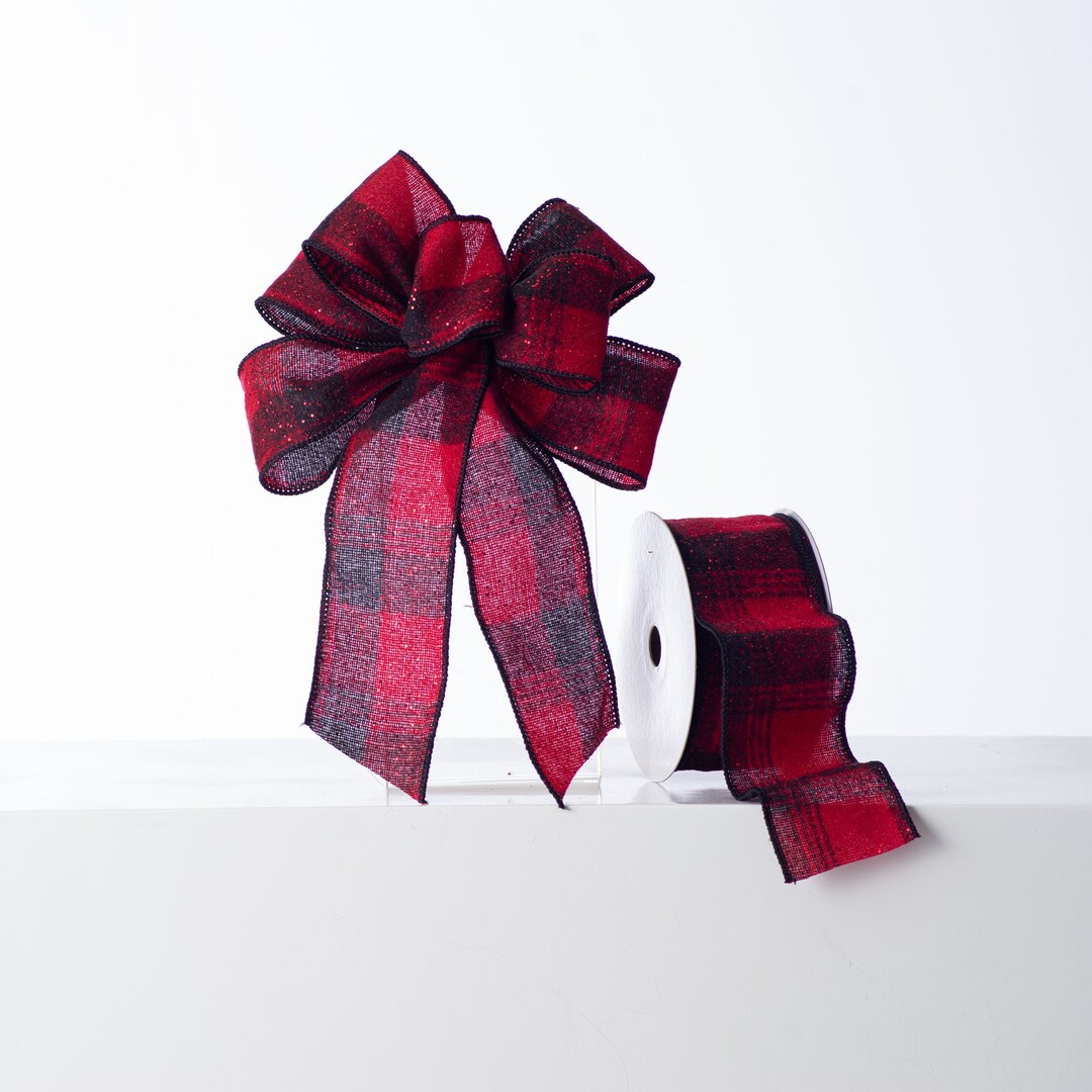 Red and Black Glittered Plaid Flannel Hand Tied Loop Bow & Spool of ...