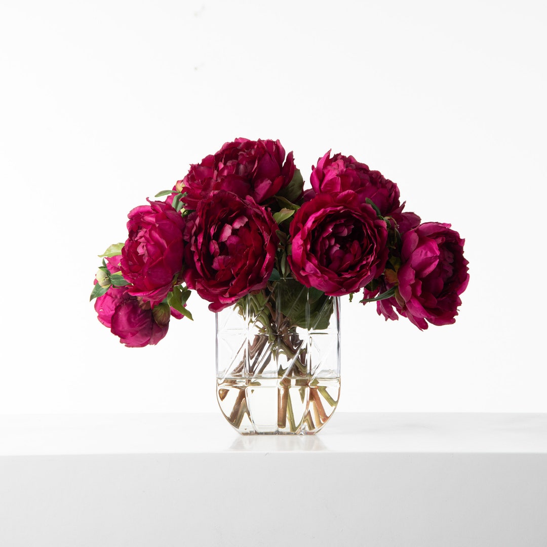 Dark Magenta Lifelike Silk Peony Bloom Water Illusion Arrangement in ...
