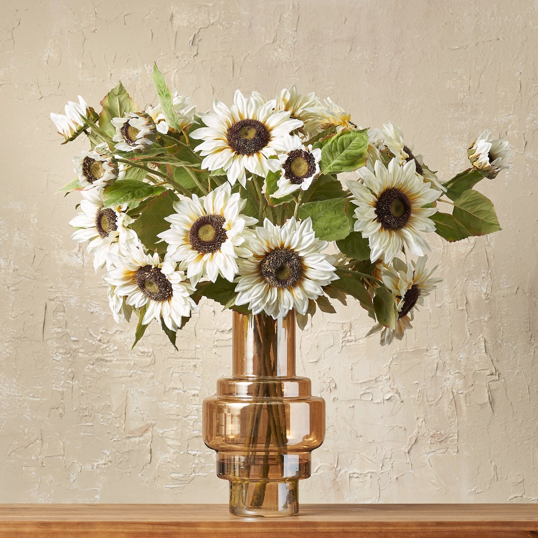 Sunflower Symphony - Cream Sunflowers Everyday Fall Large Floral Arrangement in Tiered Amber ...