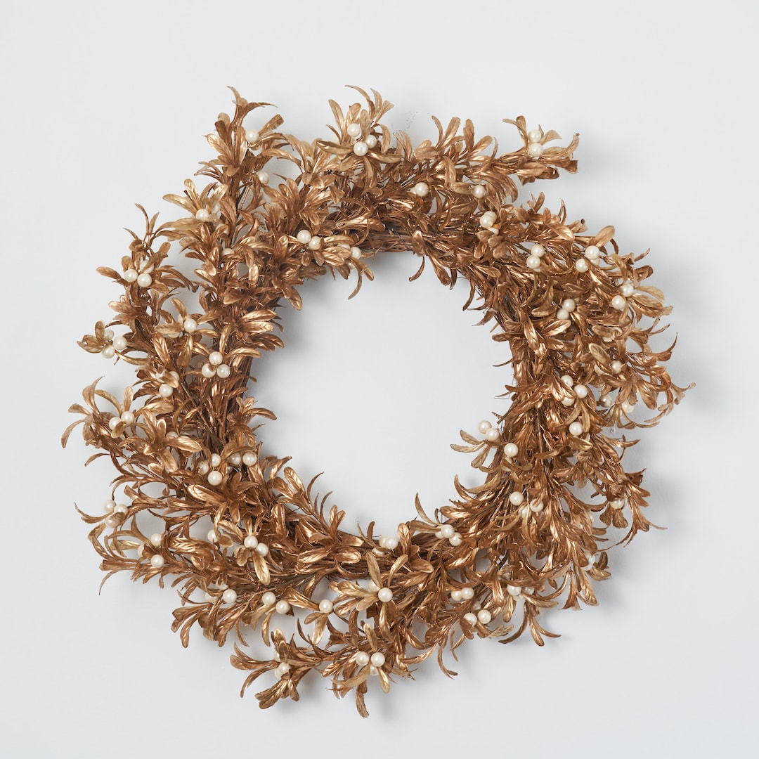 Shiny Metallic Gold Boxwood & Pearl White Mistletoe Berry Christmas ...