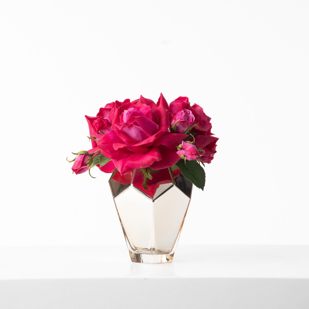 Precious Gem - Real Touch Magenta Pink Juliette Rose in Gold Mirrored ...