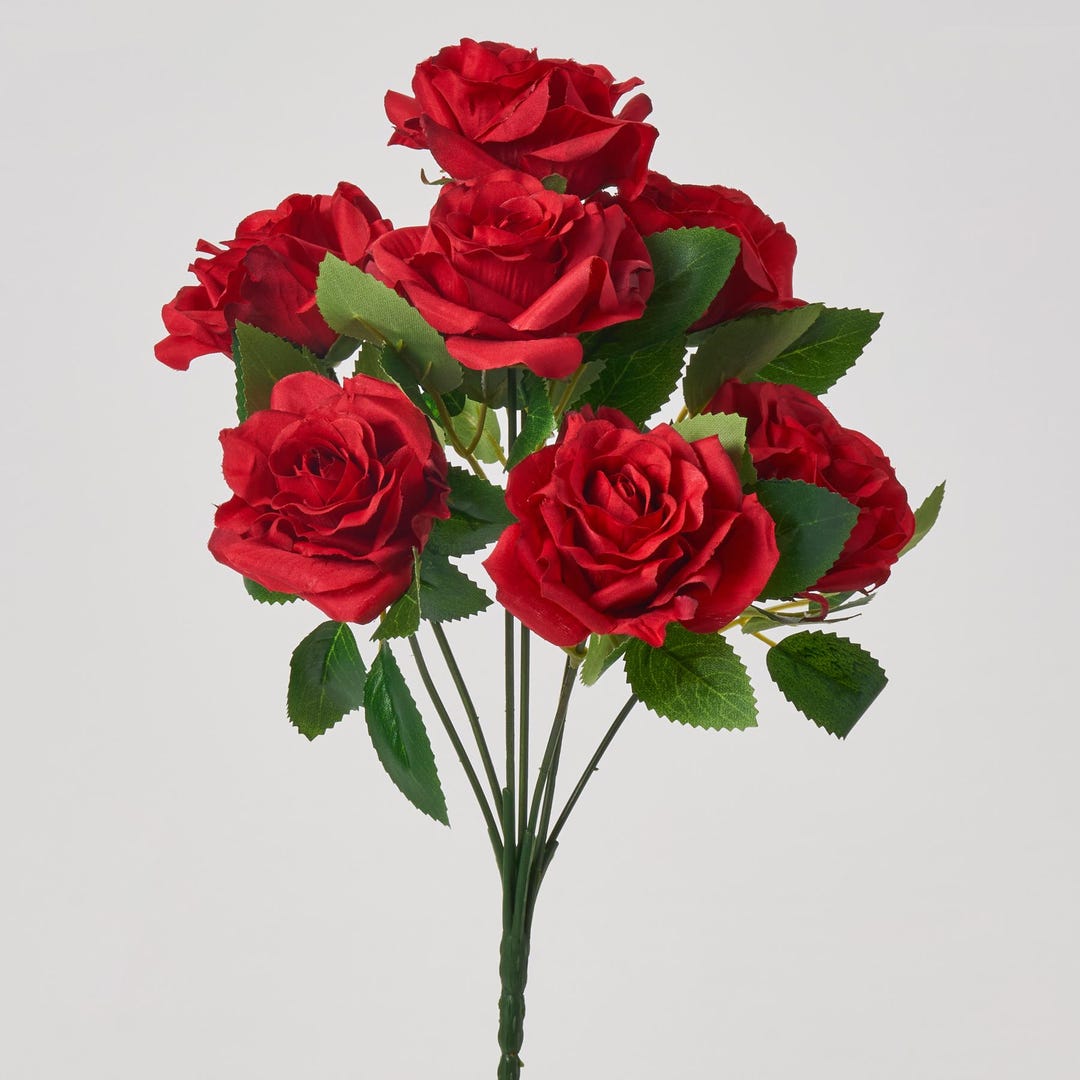 Red Silk Rose Bush Stem Bouquet - 11