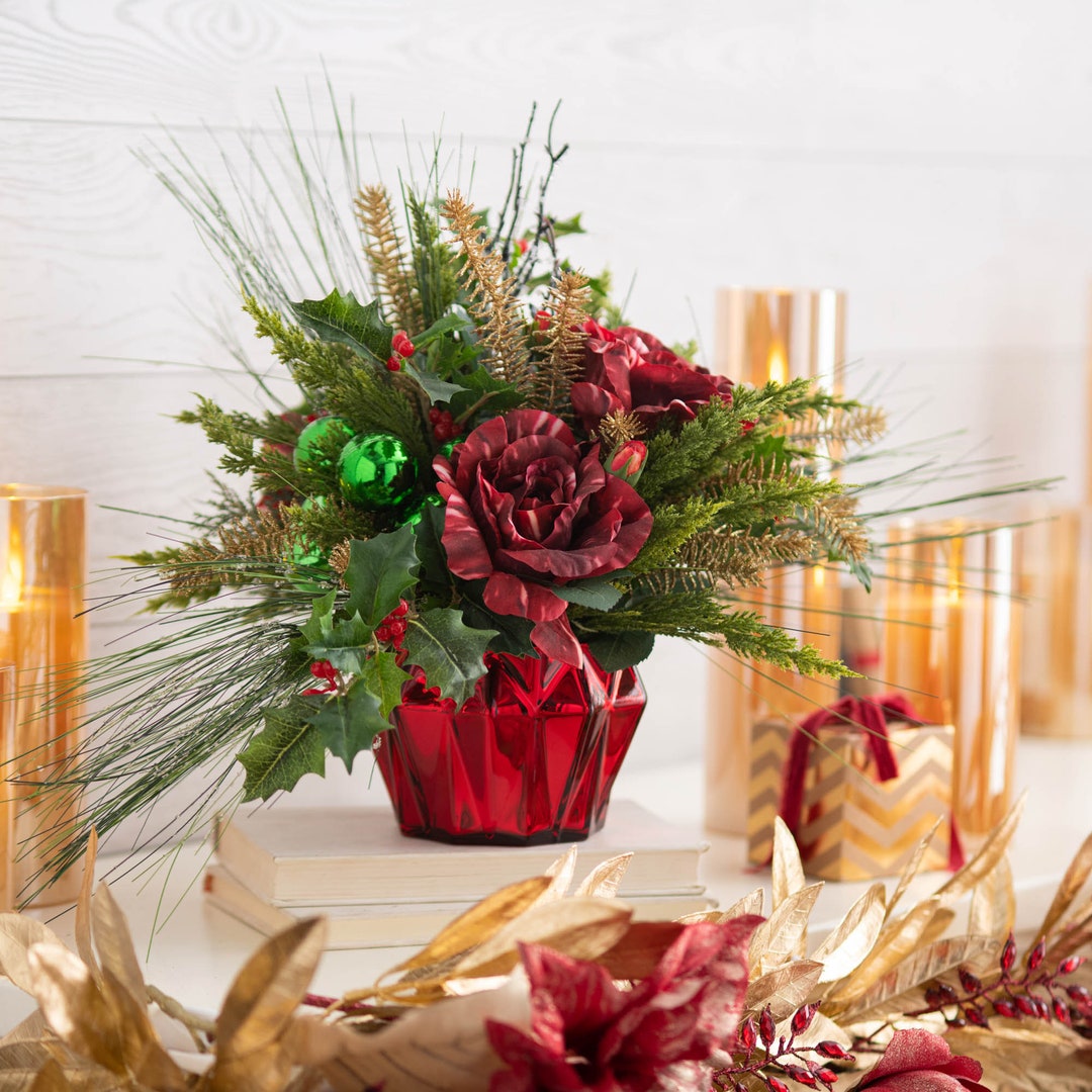 Peppermint Pam - Red Rose & Winter Greenery Artificial Floral Christmas ...
